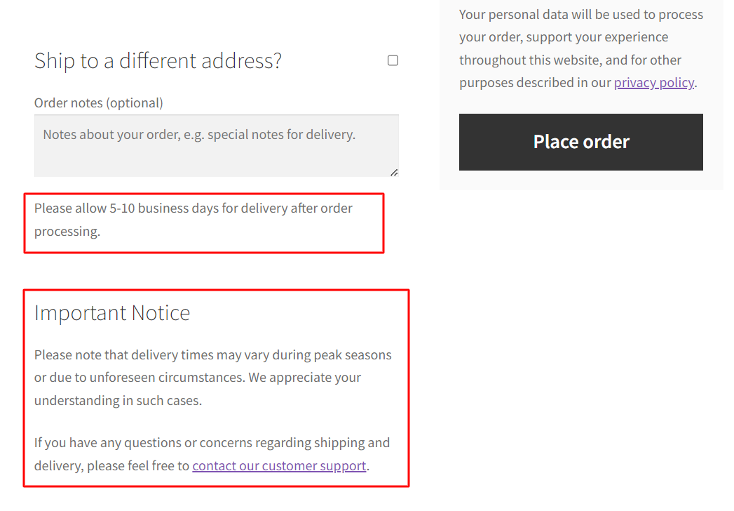 How to Add Shipping and Delivery Notices on the WooCommerce Checkout Page? - Tyche Softwares