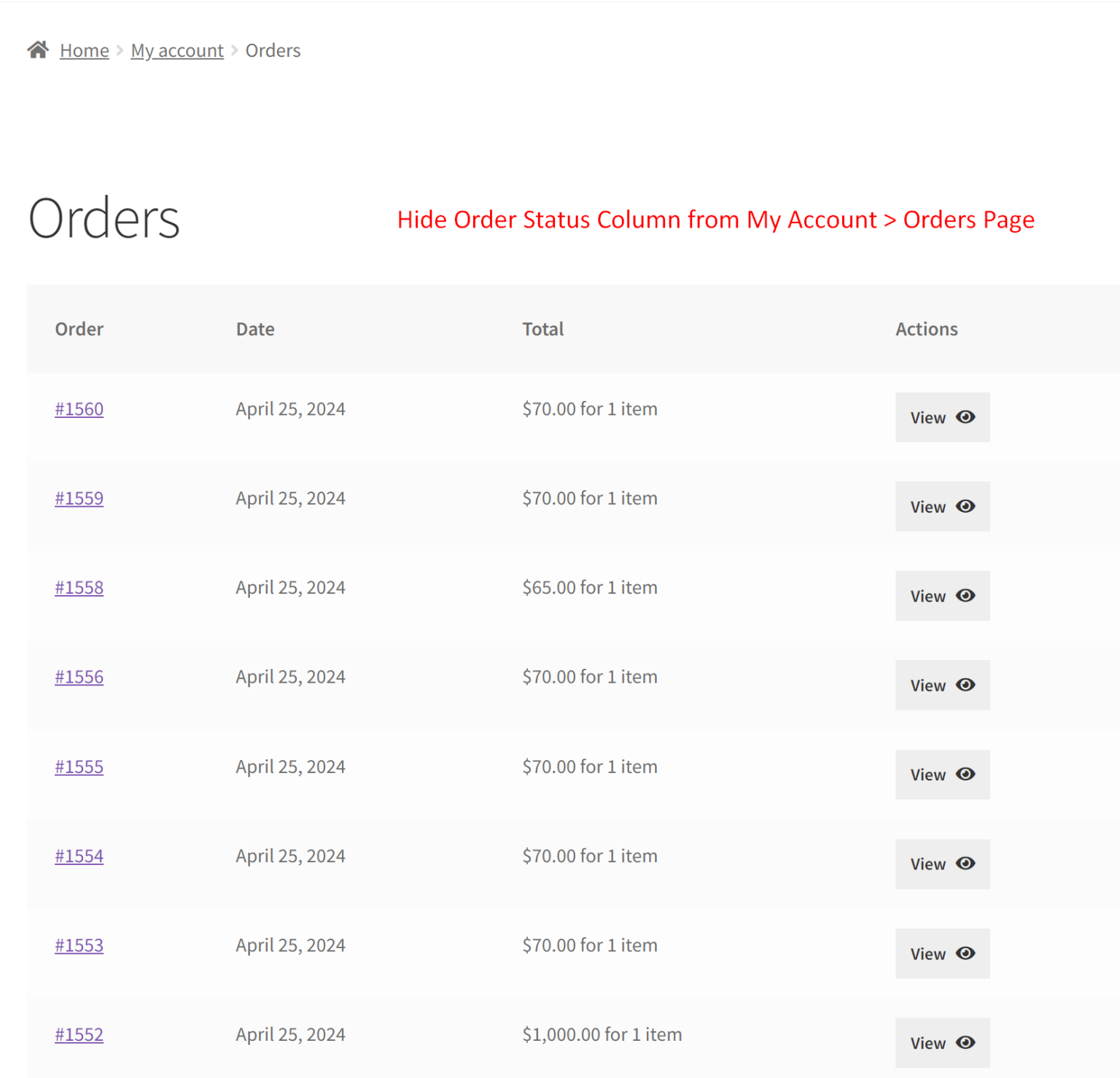 How to Hide Order Status Column from My Account > Orders Page? - Tyche Softwares