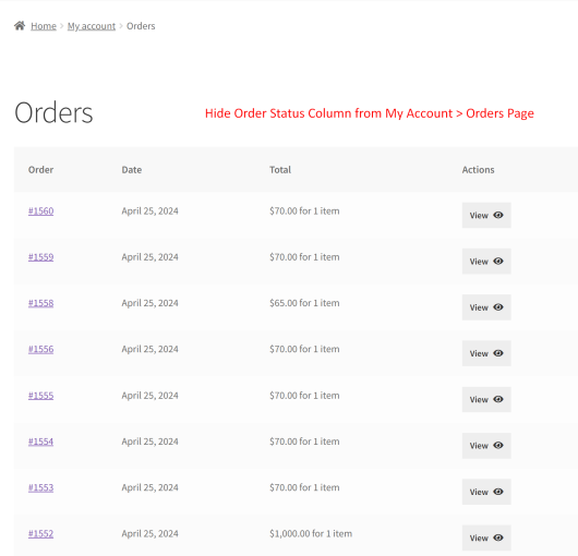 How to Hide Order Status Column from My Account > Orders Page? - Tyche Softwares