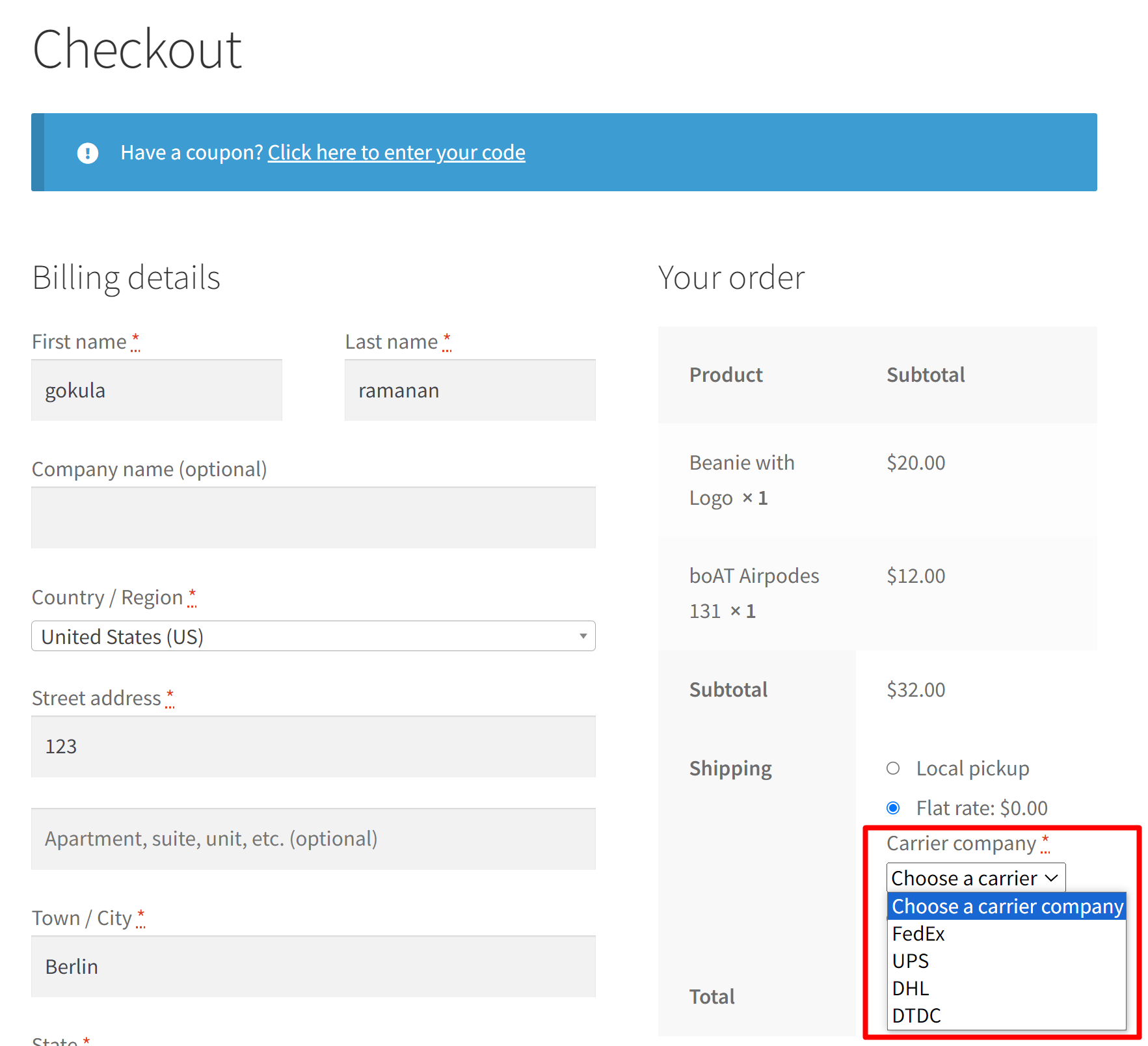 How to Add Carrier Field for a Shipping Method in WooCommerce Cart and ...
