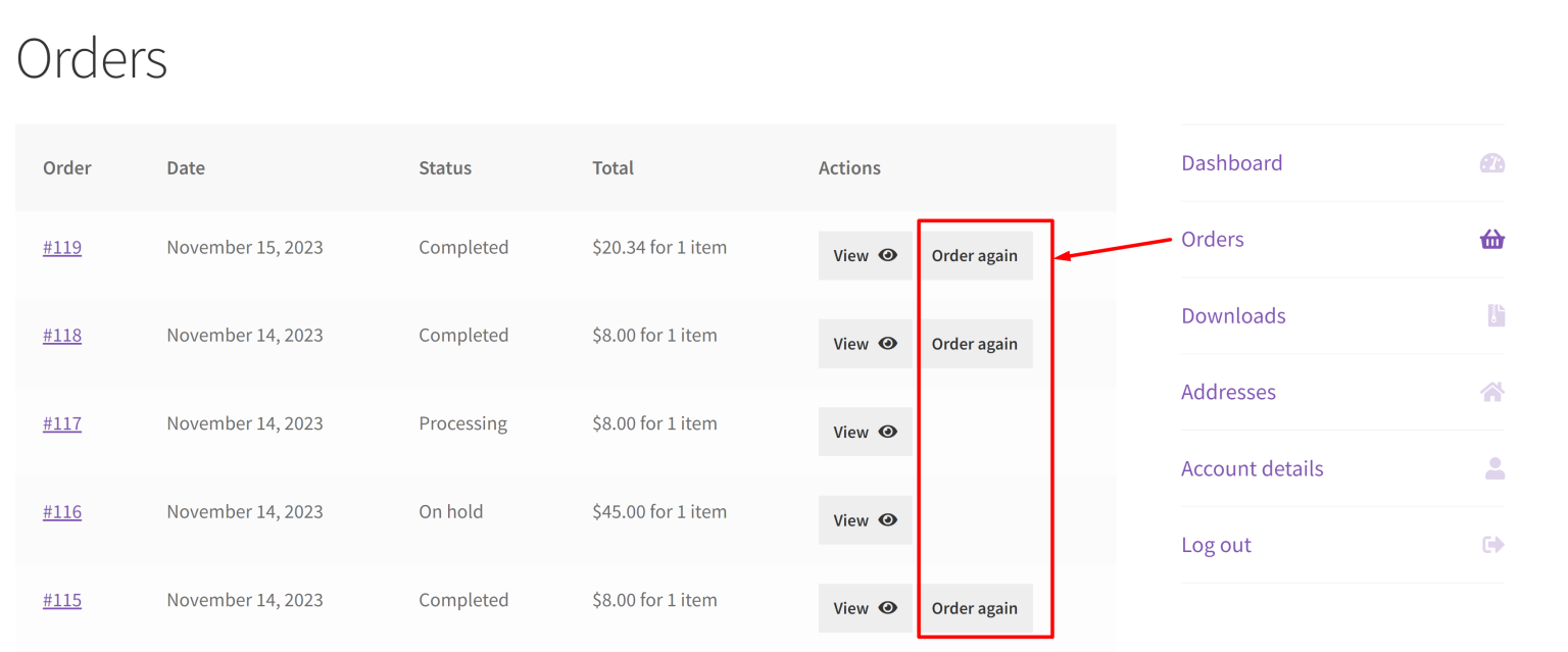 How to Add an 'Order Again' Button in WooCommerce on My Account > Orders Page? - Tyche Softwares